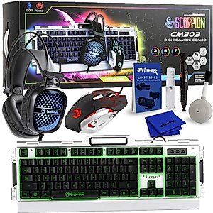 Ultimaxx Marvo CM303 Scorpion 3-in-1 Backlit Gaming Combo - Includes: Full Size Keyboard, Mouse & Headset Plus Deluxe Cleaning Kit