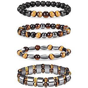 Jstyle 4Pcs Bead Bracelet for Men Women 8mm Tiger Eye Stone Beads Bracelet Elastic Natural Stone Bracelet Bangle