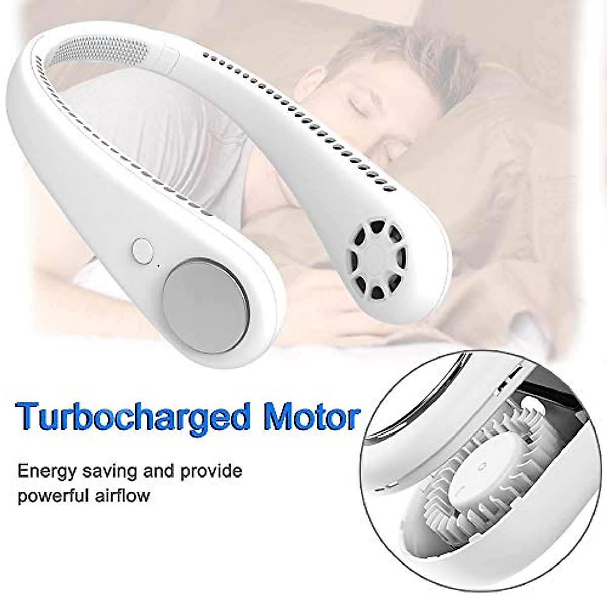 Portable Personal Bladeless Neck Fans, USB Rechargable Hanging Necklace Bladeless Fan, Hand Free Wearable Neck Fan Battery Operated Personal Fan 4 Speeds 360 Degree Free Rotation Air Cooling for Outdoor Activity (White)