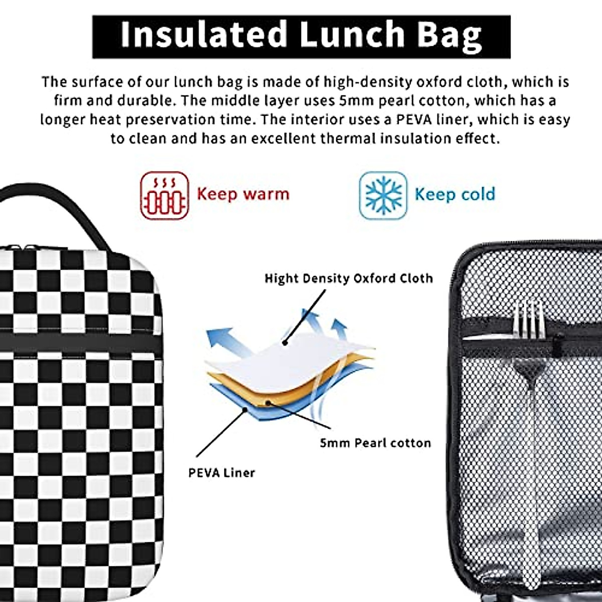 Golosila Black White Racing and Checkered Pattern Totes Lunch Bag Portable Insulated Lunch Box Back to School Picnic Office Travel