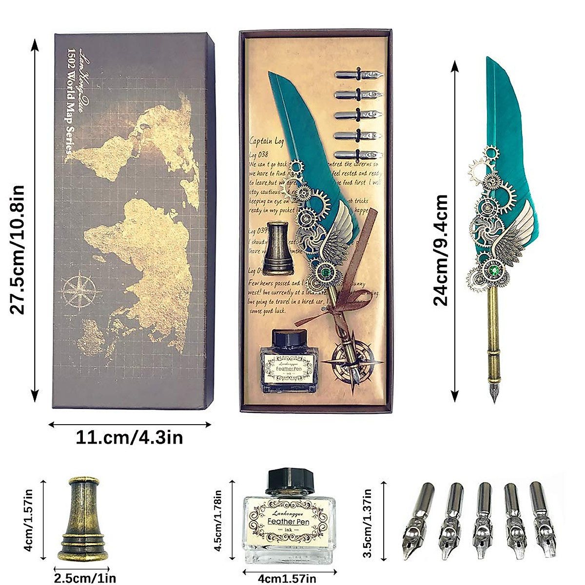 KYLLOG Quill Pen,Mechanical Wing The Feather Pen,Vintage Quill Dip Pen Handmade Feather Pen Calligraphy Pens Set,5 Replacement Nibs,Pen Stand Base,Vintage Quill Signature Pen (green)