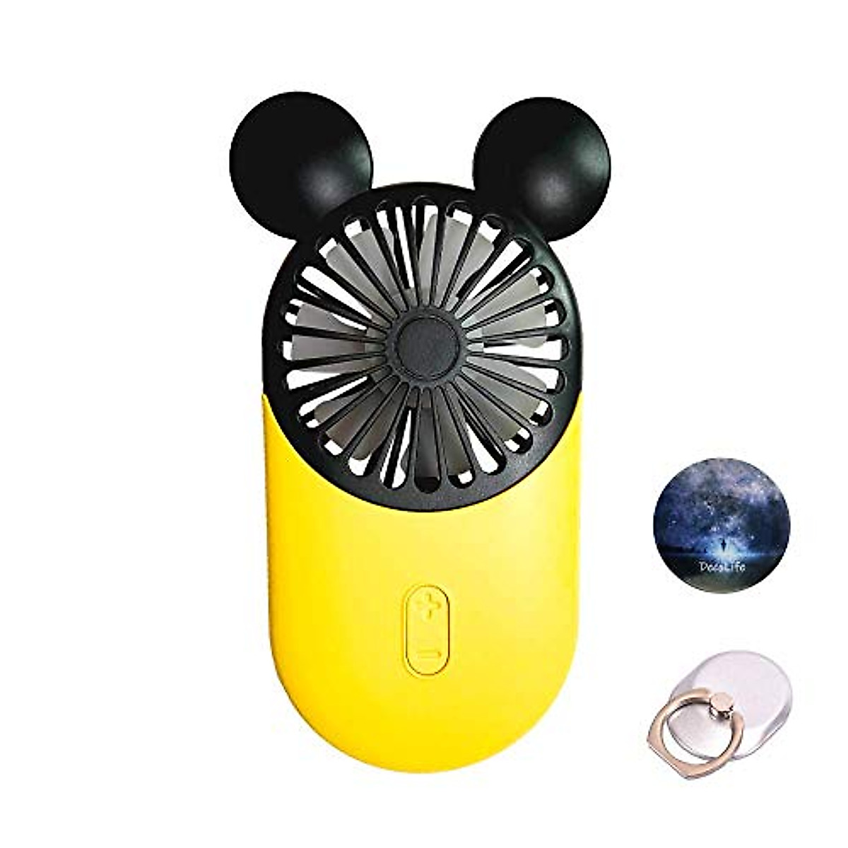LACOVIA Cute Personal Mini Fan, Handheld & Portable USB Rechargeable Fan with Beautiful LED Light, 3 Adjustable Speeds, Finger Holder, Perfect for Indoor or Outdoor Activities, Cute Mouse (Yellow)