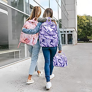 Jumpopack 3 Pcs Girls Backpack Lightweight Waterproof Girls Backpack with Lunch Box 16inch Laptop Sleeve Backpack for Teen Girls School Backpack School Bag Bookbag (Marble Purple)