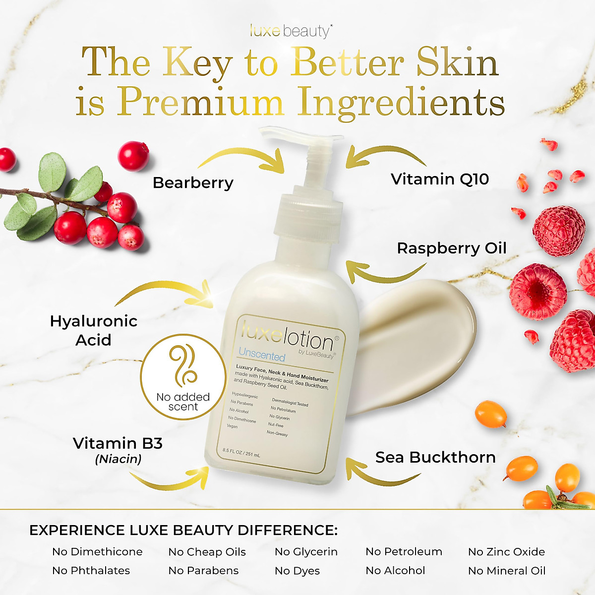 Luxe Beauty: Unscented Luxury Lotion - Anti-Aging Hand & Body Lotion with Hyaluronic Acid - Moisturizing, Lightweight, Non-Greasy Formula for Silky Smooth Skin - Gentle Hand Cream & Body Moisturizer