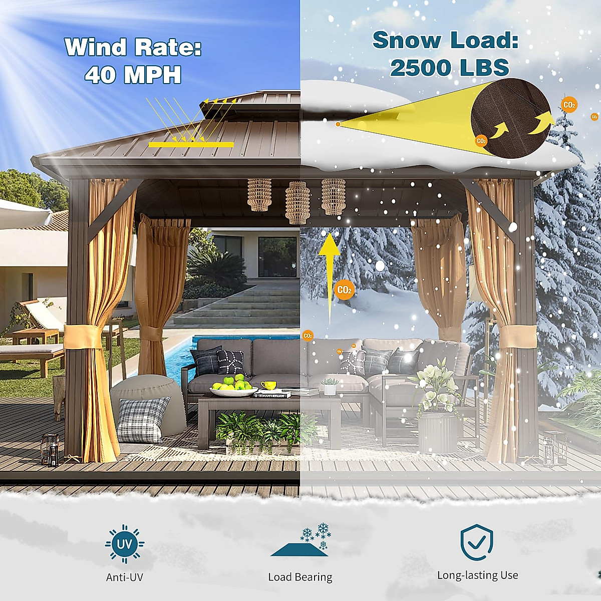 MELLCOM 10'x12' Hardtop Gazebo, Metal Double Roof Aluminum Gazebos with Curtain and Netting,Brown Permanent Galvanized Steel Pavilion for Patio, Lawn & Deck