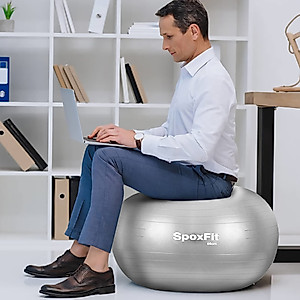 SpoxFit Ball Chair Yoga Ball Set, 65 cm Exercise Ball Chair with Base for Home Office, Stability Balance Ball with Resistance Bands Workout Poster, Home Gym Ball Anti Burst, Silver