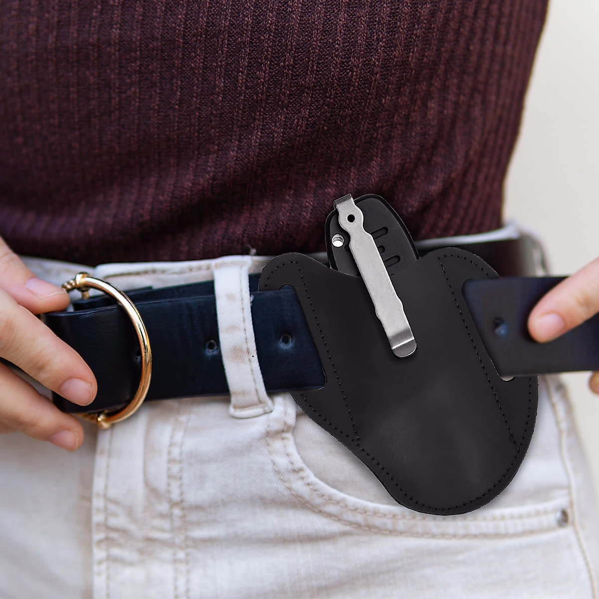 Okllen Set of 2 Leather Knife Sheaths for Belt, Pocket Knife Sheath, EDC Leather Sheath Folding Knife Holster for 5" Folding Knives, Pocket Knives, Black& Brown