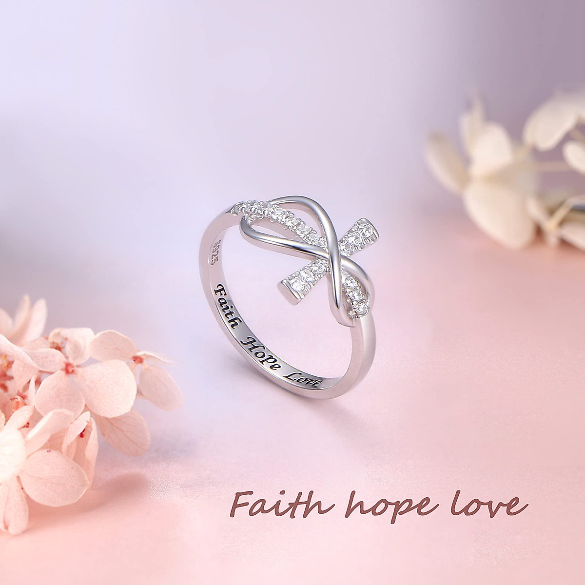 DAOCHONG Inspirational Jewelry 925 Sterling Silver Engraved Faith Hope Love Cubic Zirconia Cross Infinity Ring, Size 7