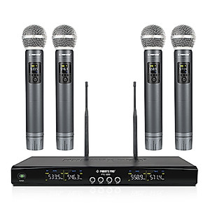 Phenyx Pro Wireless Microphone System, Metal Wireless Mic Set with 4 Cordless Mics, 4x25 UHF Adjustable Frequencies, 200ft Range, Dynamic Microphones for Singing, Karaoke, Church, DJ (PTU-5200-4H)