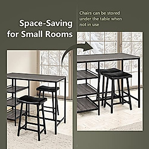 COSTWAY 3 Pieces Dining Table Set, Counter Height Pub Table Set with 2 Upholstered Bar Stools and 3 Shelves, Industrial Kitchen Table Set for Living Room, Restaurant