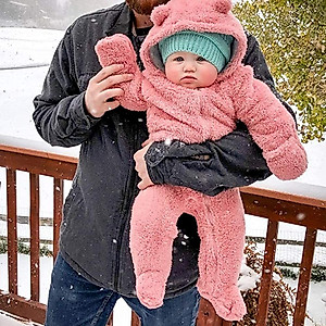 Lamgool Newborn Baby Fleece Jumpsuit Hooded Bear Ears Footies Unisex Girls Boys Romper Snowsuit for Fall Winter 0-3M