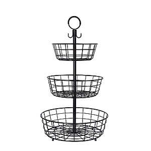 SunnyPoint Countertop French Country 3 Tier Wire Basket Stand For Storing & Organizing, Eggs, And More (3 Tier, Black)
