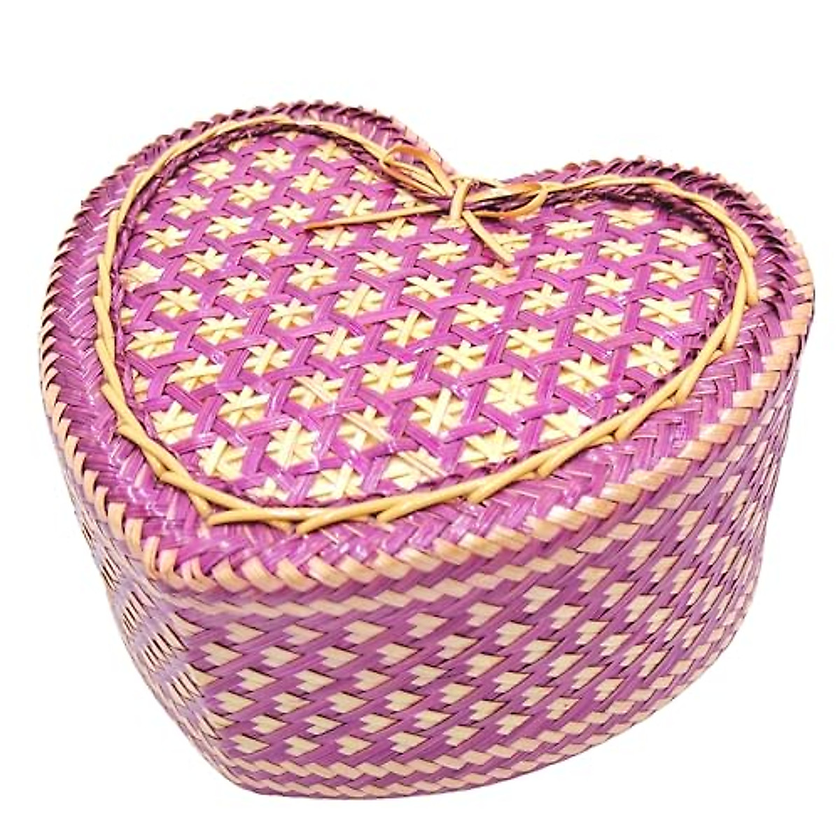 Bamboo Sticky Rice Serving Basket 6 x 5.2 Inch, Kratip, Intricately Woven Container, Heart-Shaped, Pikul Flower Weave Pattern, Thailand Handmade (Purple)