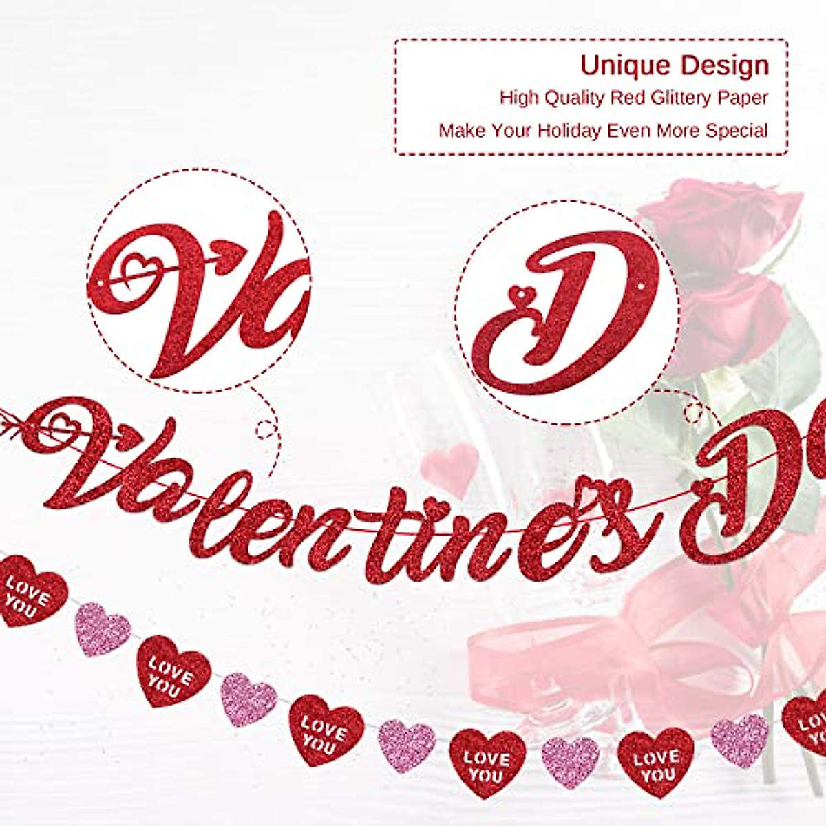 MAGICMAI Valentines Day Decoration - Happy Decor Heart Banner | Valentine Party Decorations Garland for Anniversary Wedding Supplies (Red Glitter)