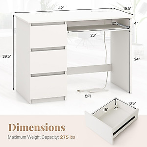 Giantex White Computer Desk with Power Outlet, Modern Office Desk with Keyboard Tray & 3 Large Drawers, 42" Writing Desk Vanity Table with Type-C & USB Ports for Bedroom, White