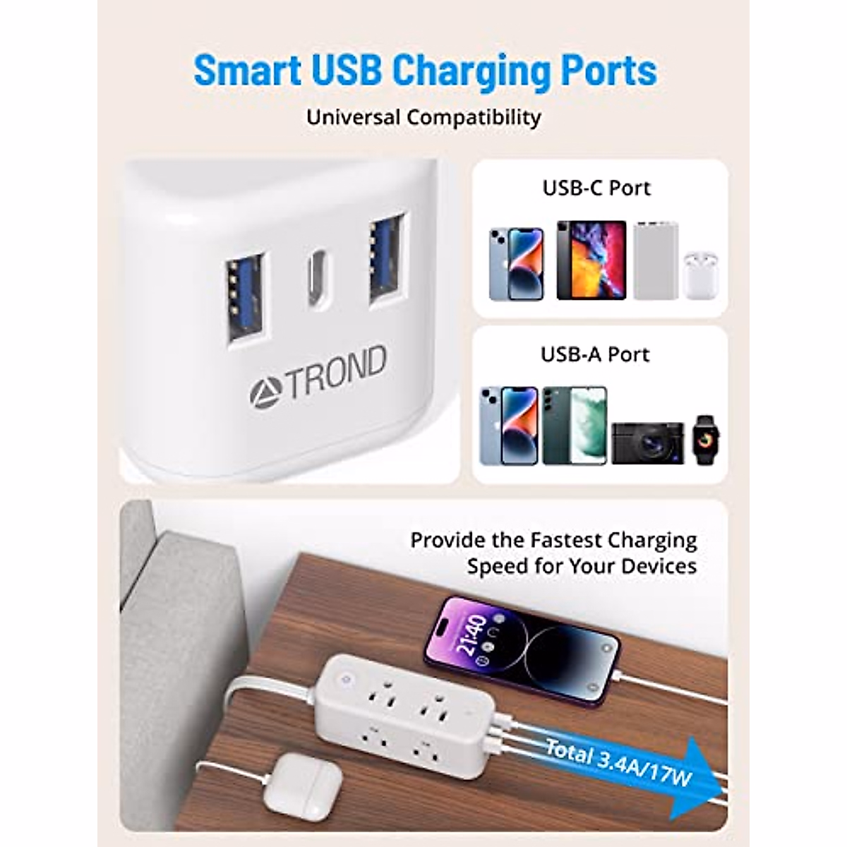 Flat Plug Power Strip - TROND 5ft Ultra Thin Extension Cord with 6 Widely Outlets and 3 USB Ports(1 USB C) + TROND 10FT Thin Flat Extension Cord 3 USB-A & 1 USB-C Port, 8 Widely-Spaced Outlets