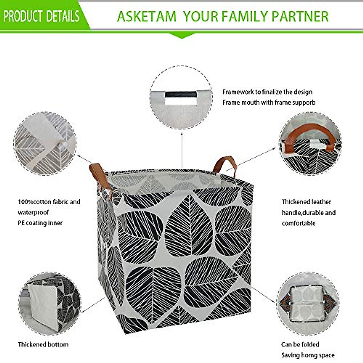 ASKETAM Square Canvas Collapsible Fabric Baby Toy Box Storage Bin Bedroom Decor Closet Kids Laundry Baskets Toy Organizer,Shelf Basket Nursery Storage,Gift Baskets(Black Leaves)