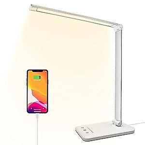 Led Desk Lamp, HMFUNTM Desk Lamp with USB Charging Port, 5 Color Modes, 10 Brightness, Natural Light, Eye Caring Reading Lamp, Desk Light for Home Office, Table Lamp, Touch Control, Auto-Timer, Silver