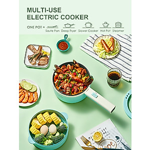 Reemix Hot Pot Electric With Steamer, 1.6L Ramen Cooker Non-Stick Sauté Pan for Steak, Egg, Fried Rice, Ramen, Oatmeal, Soup, Portable Personal Hot Pot Perfect Suit for Dorm Room and Apartment (Aqua)