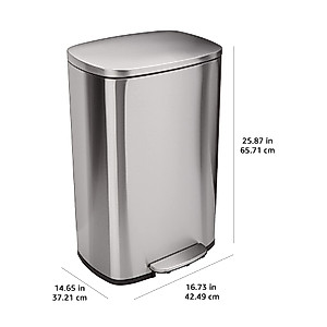 Amazon Basics 50 Liter / 13.2 Gallon Soft-Close, Smudge Resistant Trash Can with Foot Pedal - Brushed Stainless Steel, Satin Nickel Finish