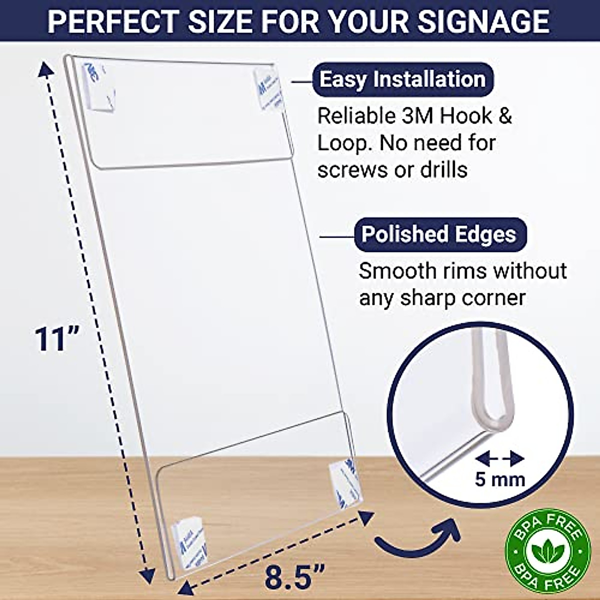 Acrylic Sign Holder with Hook and Loop Adhesive, 8.5 x 11 inches - Portrait or 11 x 8.5 inches - Landscape, Clear Wall Mount Frame, Perfect for home, office, store, restaurant (6 Pack)