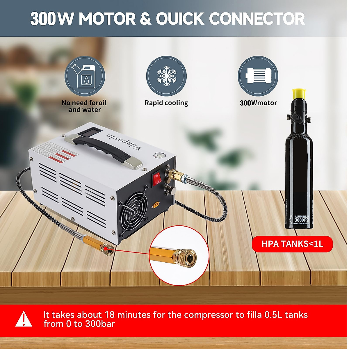 Vdapavin Pcp Air Compressor, 4500Psi 30Mpa Portable PCP Airgun Compressor with External Converter,12V DC/110V AC Oil & Water-Free Manual-Stop Air Rifle, Paintball and Scuba Tank Compressor Pump