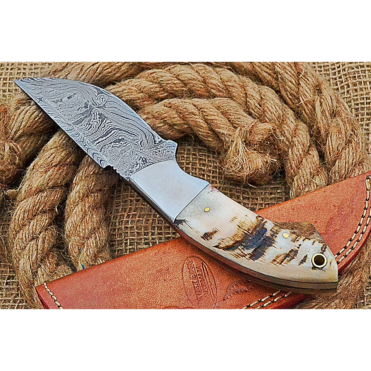 HUNTEX Handmade Hand-Forged Twist Pattern Damascus Steel 9 Inch Long Full Tang Natural Ram Horn Handle Razor Sharp Hunting Camping Boot Knife w/Genuine Leather Pouch