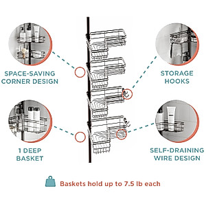 Zenna Home Tension Pole Shower Caddy with 4 L-Shaped Shelves with Hooks, Bronze, 60-97 Inch – Rust-Resistant Corner Shower Organizer Shelf – Adjustable Shower Rack for Bath Essentials