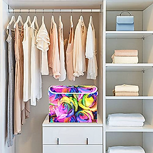 Kigai Storage Basket Rainbow Roses Storage Boxes with Lids and Handle, Large Storage Cube Bin Collapsible for Shelves Closet Bedroom Living Room, 16.5x12.6x11.8 In