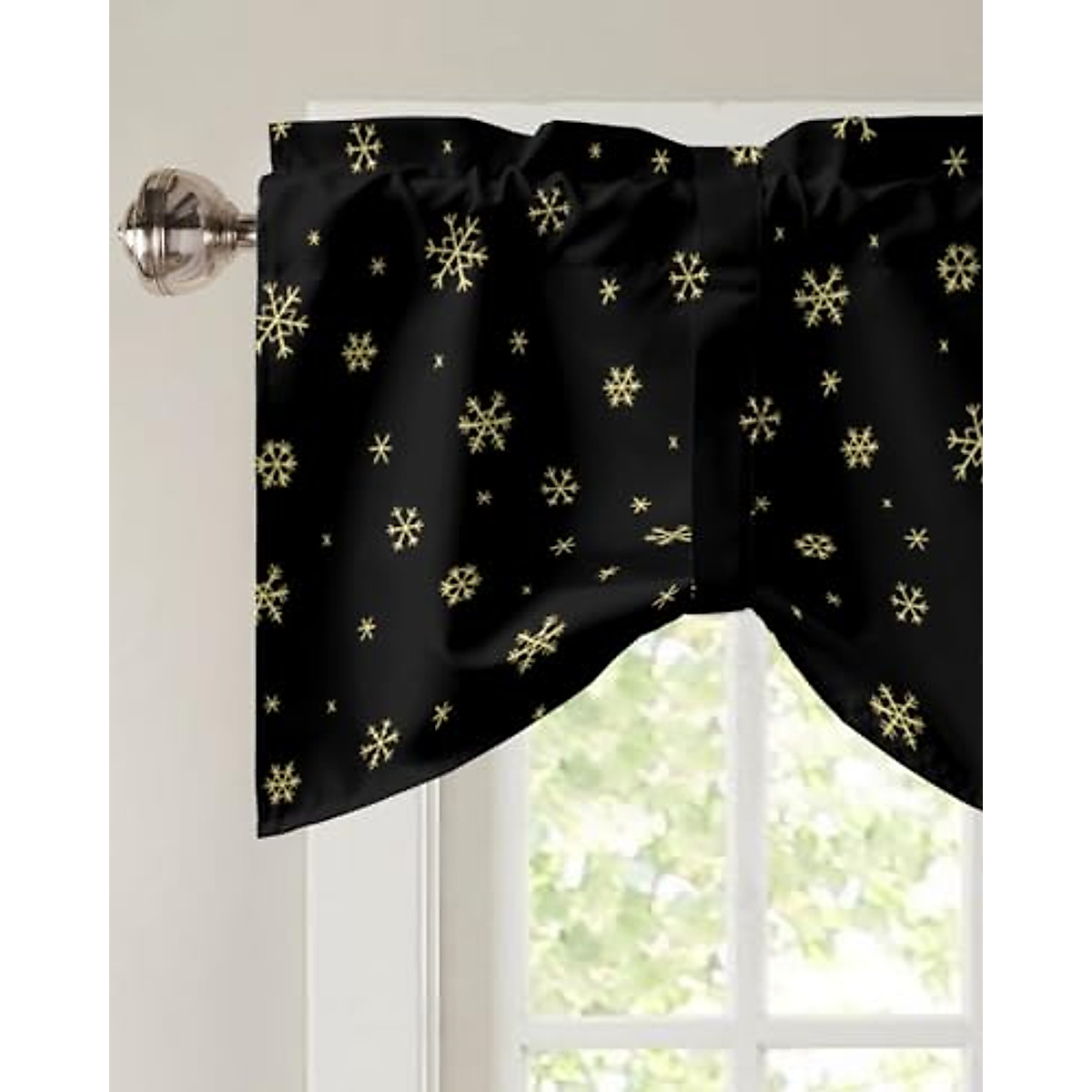 Tie Up Valance Curtains for Window, Gold Snowflakes Curtain Valance Adjustable Balloon Shade Window Valance for Living Room Bedroom Short Curtain Seasonal Winter Christmas Black Backdrop 42"x12"
