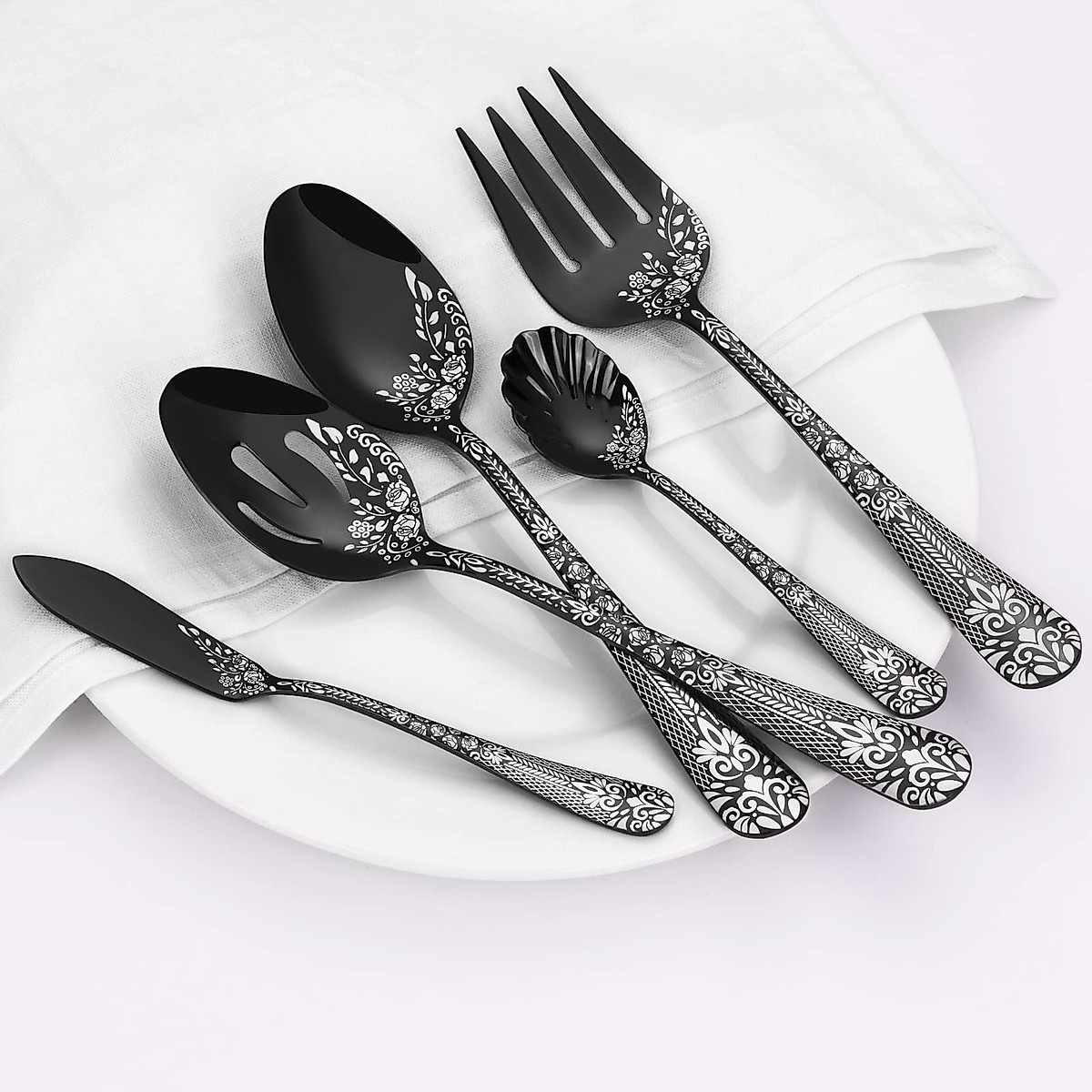 EUIRIO 89-Piece Black Silverware Set with Serving Utensils, Black Flatware Set for 14, Stainless Steel Mirror Cutlery Set, Spoons Forks Knives with Unique Floral Laser, Tableware Set, Dishwasher Safe