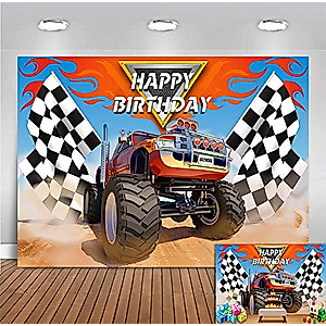 Monster Truck Backdrop Photography Photo Booth Props Children Happy Birthday Banner Supplies Grave Digger Speed Checkered Flag Photo Background Baby Shower Cars Party Decoration 5x3ft Vinyl