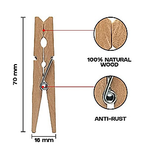 blacksheep Zenia Pegs Clothes Pins Heavy Duty Outdoor with Spring, Wooden Clothespins for Crafts and Hanging Clothes on Clothesline Laundry, 2.8 inch, Pack of 50, Brown, 00-02