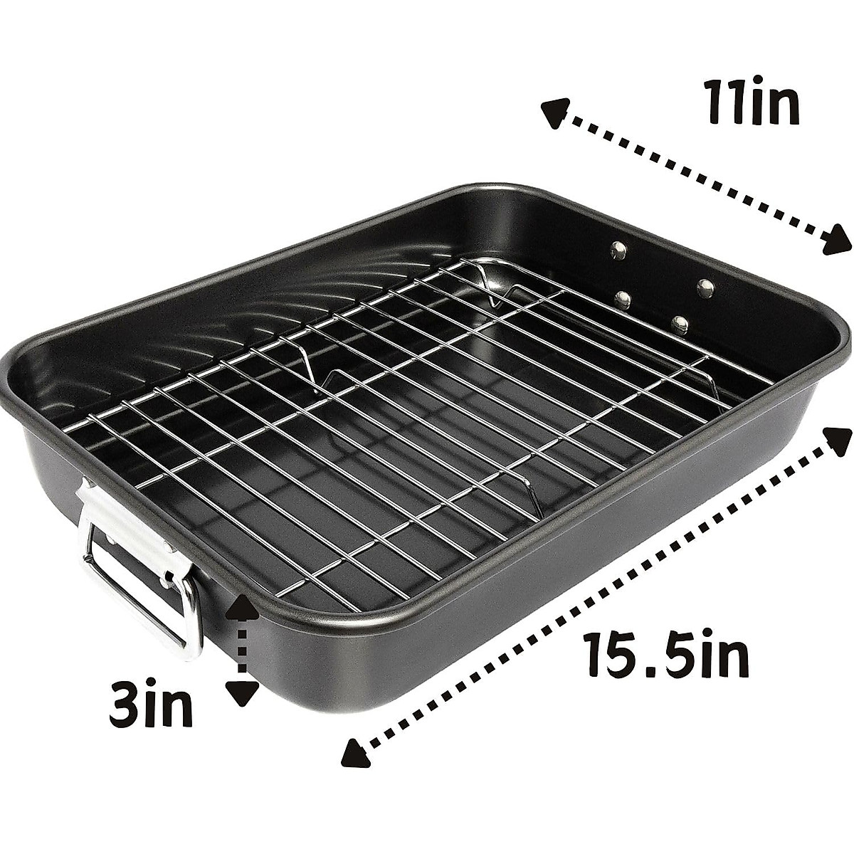 Roasting Pan with Rack and Handles - 15 Inch Carbon Steel Roaster Pan for Oven - Large Roaster Pot for Turkey Chicken Meat & Vegetables, Dishwasher Safe, Heavy Duty, Black