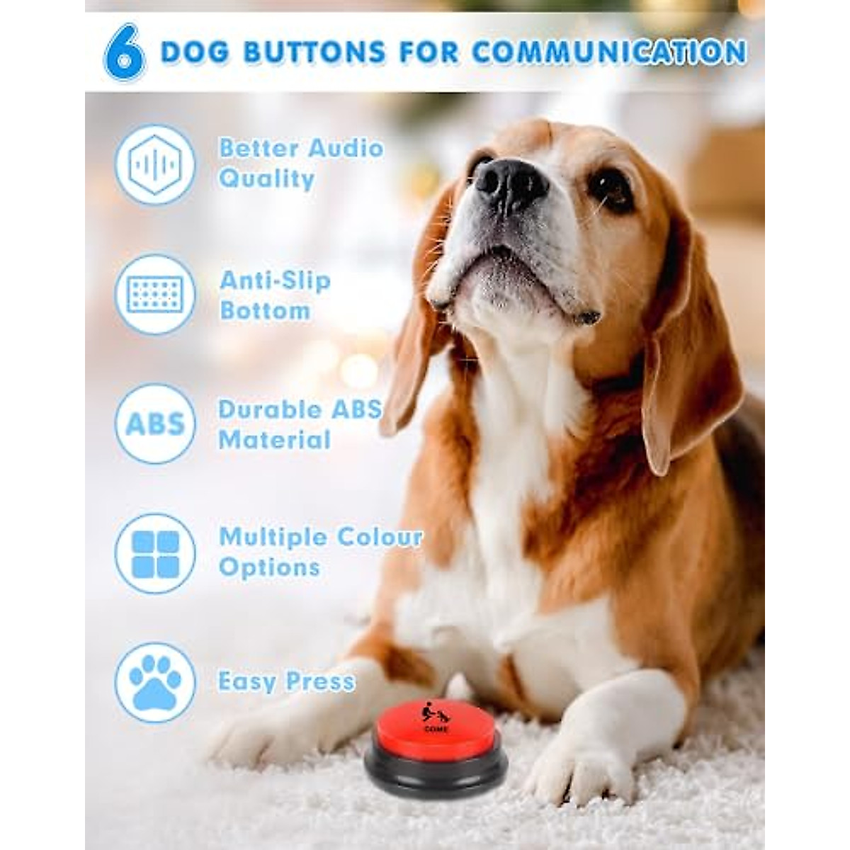 Dog Buttons for Communication, 6 Pcs Dog Talking Button Set, 30s Voice Recordable Pet Training Buzzer, Speaking Buttons for Cats & Dogs with Waterproof Dog Activity Mat and 24 Scene Stickers