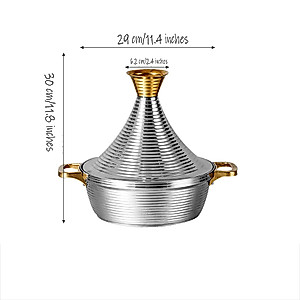 GFHVDC 304 Stainless Steel Moroccan Tagine Pot, Non Stick Moroccan Cooking Pot with 2 Handles, Large Moroccan Cooker Handmade Tagine Pot with Cone-Shaped Lid,Silver,29cm