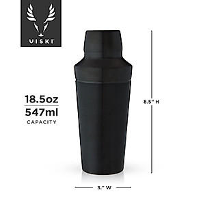 Viski Titanium Cocktail Shaker, Cobbler Shaker with Brushed Finish, Built-In Strainer and Cap, 18.5 Oz, Set of 1, Black