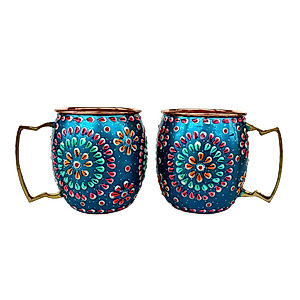 Rastogi Handicrafts Handmade Pure Copper Outer Hand Painted Art Work Wine, Vodka, Beer,Cocktail,Juice, Cold Coffee Mug - Cup 16 oz (2)