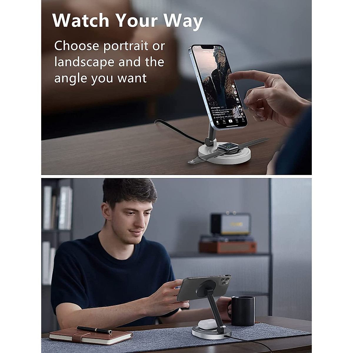 Magnetic Wireless Charger Stand for Mag-Safe Charger, Foldable 15W Fast Wireless Charging Station, 2-in-1 Charging Stand Dock for Apple iPhone 15/14/13/12/Pro/Apple Watch/AirPods 2/ Pro