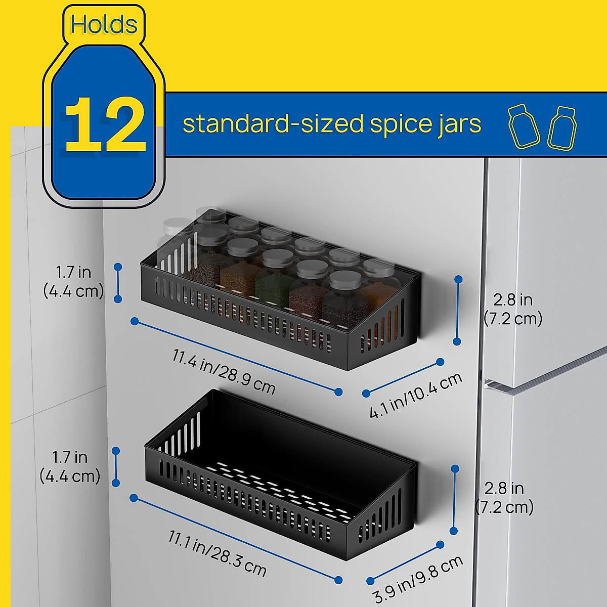 Allinside Magnetic Spice Rack for Refrigerator, Strong Magnet Metal Fridge Seasoning Spice Shelves, Large Capacity Jars Storage Organizer for Microwave Oven, Kitchen Movable Holder, Black, 2 Pack