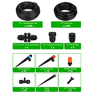 Landtouch Drip Irrigation System, Garden Watering System with Adjustable Drip Emitters Misting Sprinkler, Efficient Sprinkler System Kit for Flower Bed, Raised Bed, Greenhouse, Lawn