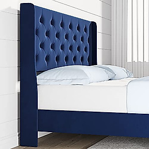 IDEALHOUSE Queen Size Bed Frame with Wingback, Upholstered Platform Bed with Diamond Tufted Headboard, Wooden Slats Support, Easy Assembly, Noise-Free, No Box Spring Needed, Dark Blue