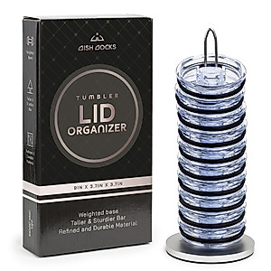 Tumbler Lid Organizer for Cabinet & Countertop - Slim Space-Saving Lid Holder with 9" Sturdy Bar & Weighted, Non-Slip Base - Vertical Storage Cup Lid Organizer - Collapsible Lid Rack for 10 Lids