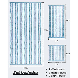 Jacquotha 6 Piece Soft and Absorbent Bathroom Towel Set, 2 Bath Towels, 2 Hand Towels, 2 Washcloths, Stripe and Cut Velvet Design, Cotton Lightweight Thin Towel Sky Blue
