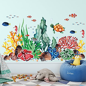 Creative Removable 3D Under The Sea Wall Sticker Ocean Life Coral Grass Wall Decal Peel and Stick Fish Sea Turtle Whale Wall Decor for Kids Bedroom Bathroom Nursery Living Room Wall Corner Decoration
