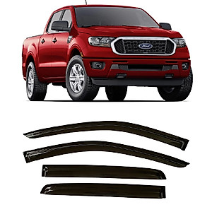2019-2023 Tape-On Side Window Visor Deflectors Compatible with Ford Ranger SuperCrew XL XLT Lariat Smoke Tinted Rain Guards 2020 2021 2022