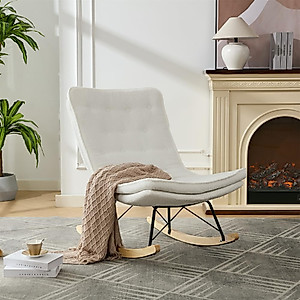 KOMIWOO Lazy Rocking Chair,Comfortable Lounge Chair with Wide Backrest and Seat Wood Base, Upholstered Armless Rocker Chair for Living room, Balcony,Bedroom and Patio Porch. (WHITE)