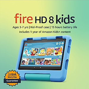 All-new Amazon Fire HD 8 Kids tablet, 8" HD display, ages 3-7, includes 2-year worry-free guarantee, Kid-Proof Case, 32 GB, (2022 release), Blue