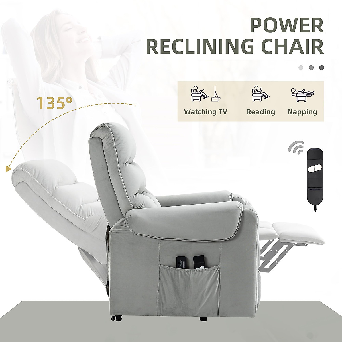 HOMCOM Power Lift Chair, Velvet Touch Upholstered Recliner Chair for Elderly with Vibration Massage, Remote Control, Side Pockets, Grey