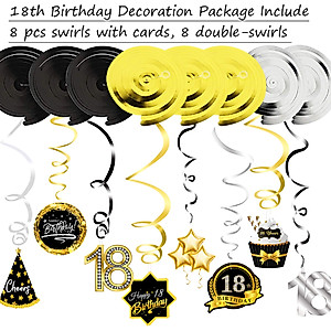 18th Birthday Decoration Ceiling Hanging Swirls(16 Pcs), Happy 18th Birthday Party Silver Black Gold Foil Swirl Streamers, Birthday Party Supplies